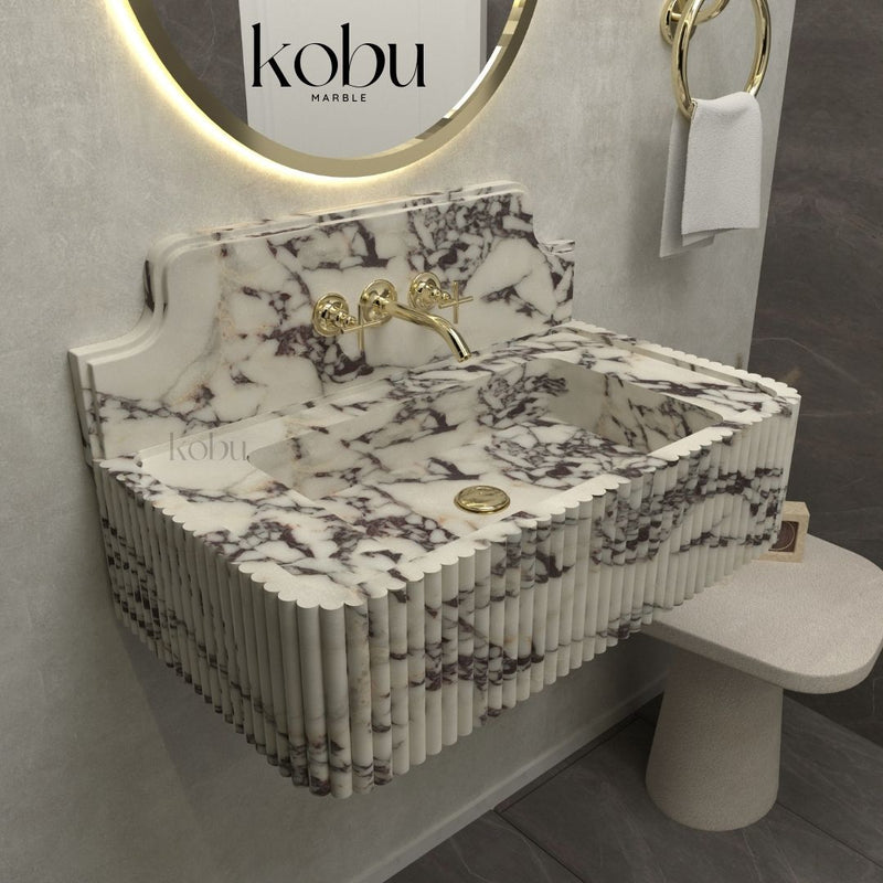 30-Inch Fluted Calacatta Viola Marble Sink – Modern & Classic Elegance